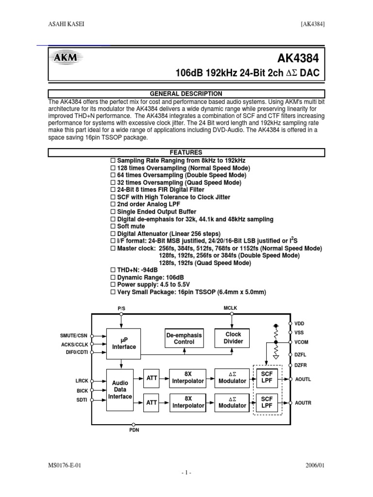 AK4384 DAC Datasheet | PDF | Digital To Analog Converter | Power Supply