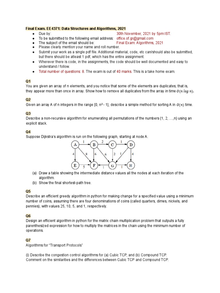 Final Exam - DSA, 2021 | PDF | Transmission Control Protocol | Network Congestion