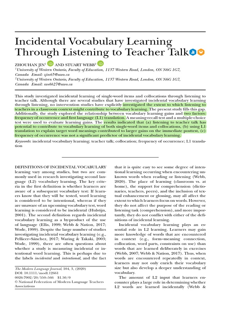 The Modern Language Journal - 2020 - JIN - Incidental Vocabulary ...