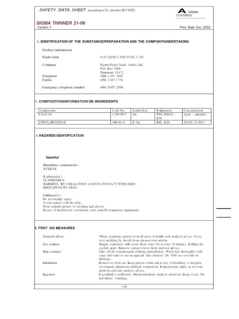 Safety Data Sheet for Sigma Thinner 21-06 Solvent Mixture | PDF ...