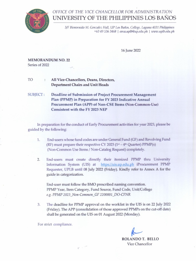 MEMO #22 - Deadline of Submission of Project Procurement Management ...