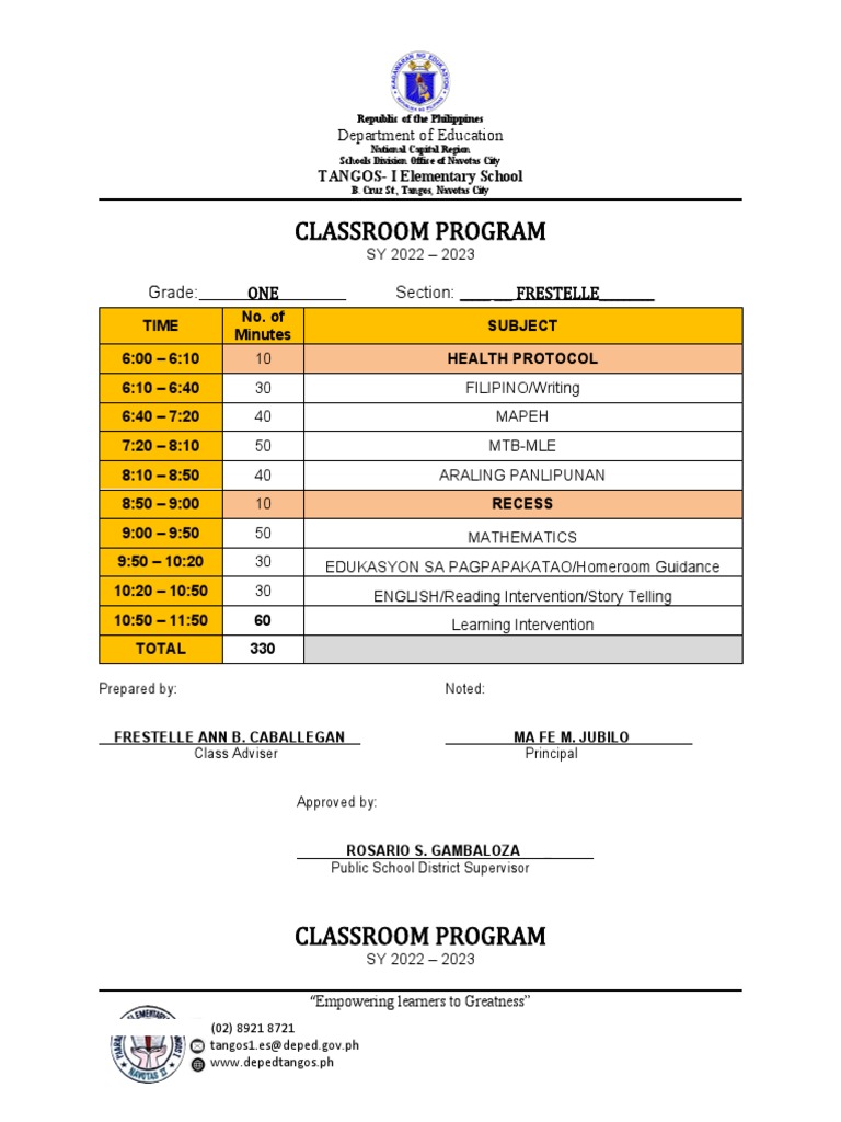 Grade1 - Classroom Program - Sy 2022 2023 | PDF | Schools | Educational Institutions