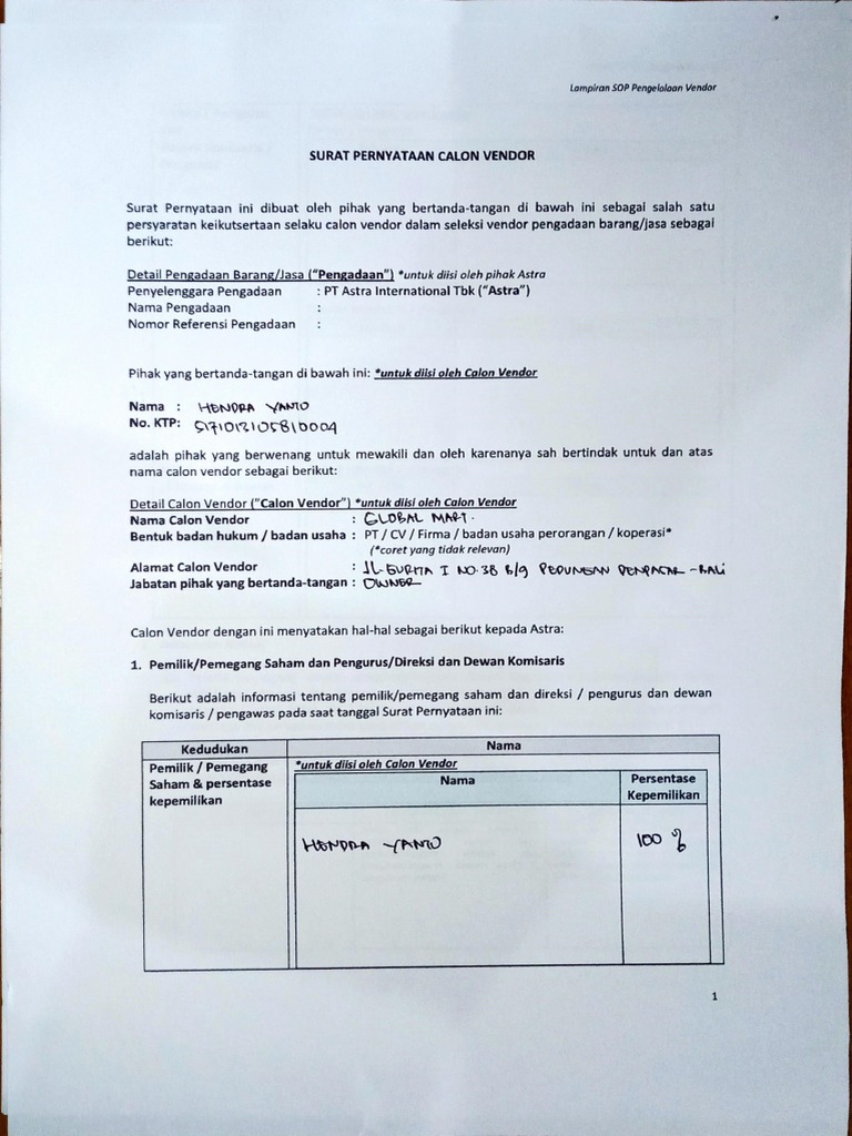 Surat Pernyataan Calon Vendor Astra | PDF