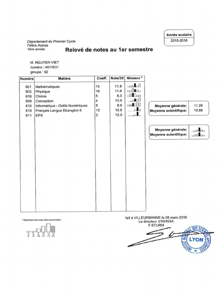 Transcript INSA Lyon - 1st Year | PDF