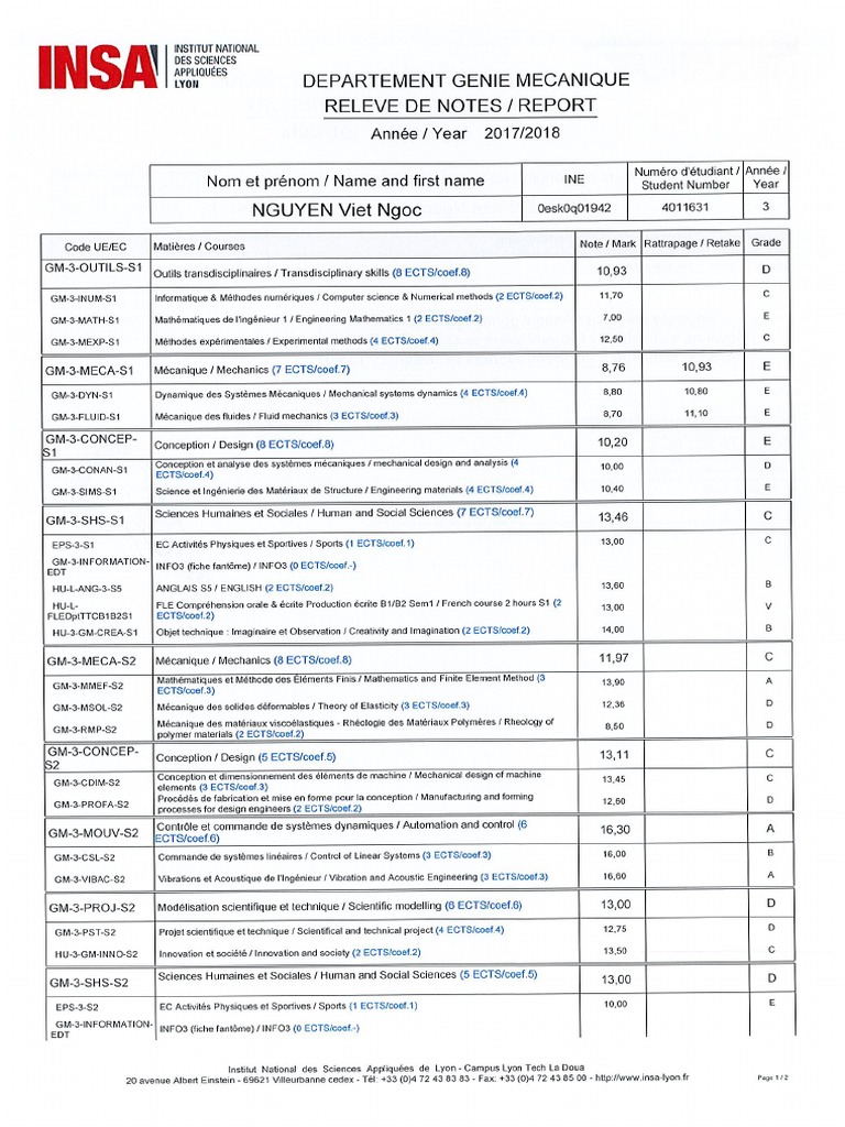 Transcript INSA Lyon - 3rd Year | PDF
