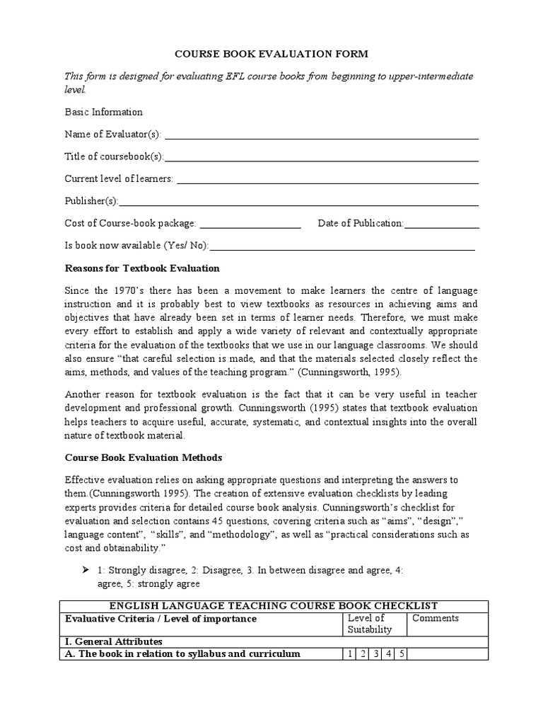 1.3.11. Ders Kitabı Değerlendirme Formu (Course Book Evaluation Form) | PDF | Evaluation | Textbook