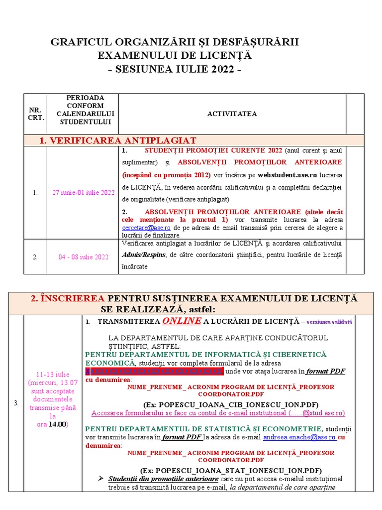 ANUNT EXAMEN LICENTA Iulie 2022 GRAFICANUNT ANEXA 1 ANEXA 2 ANEXA 5 | PDF
