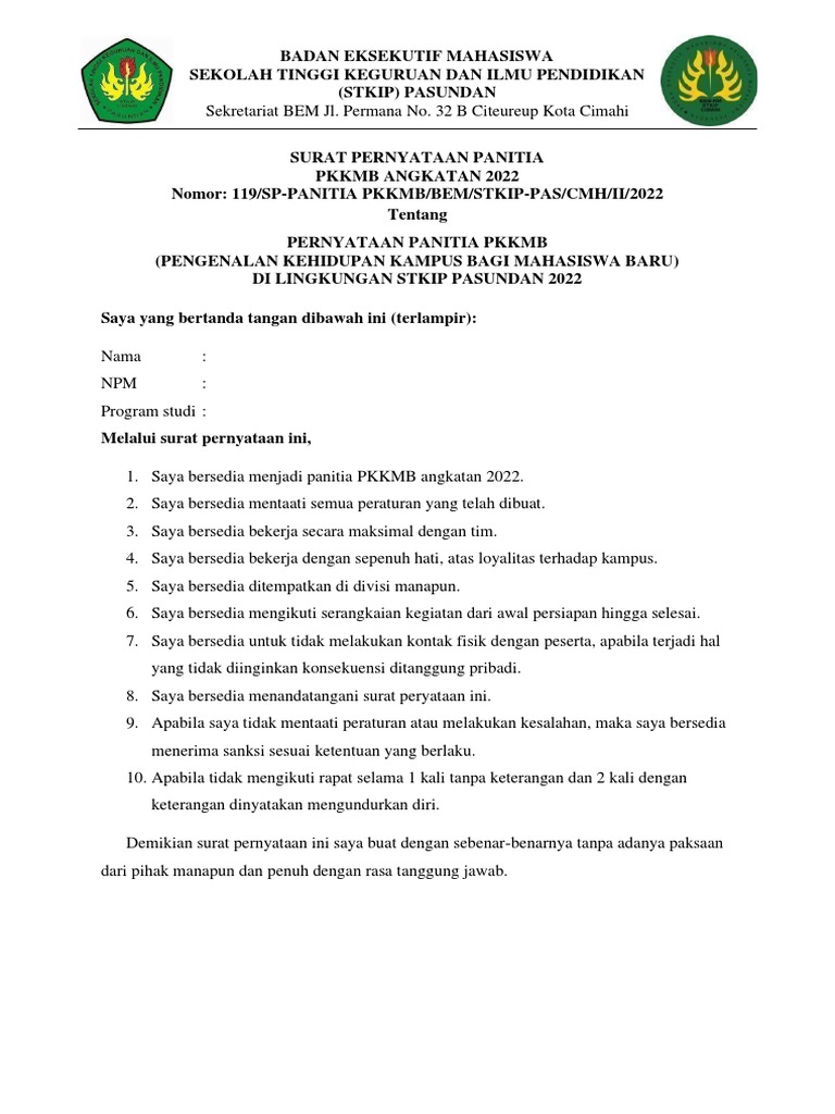Surat Pernyataan Panitia PKKMB | PDF