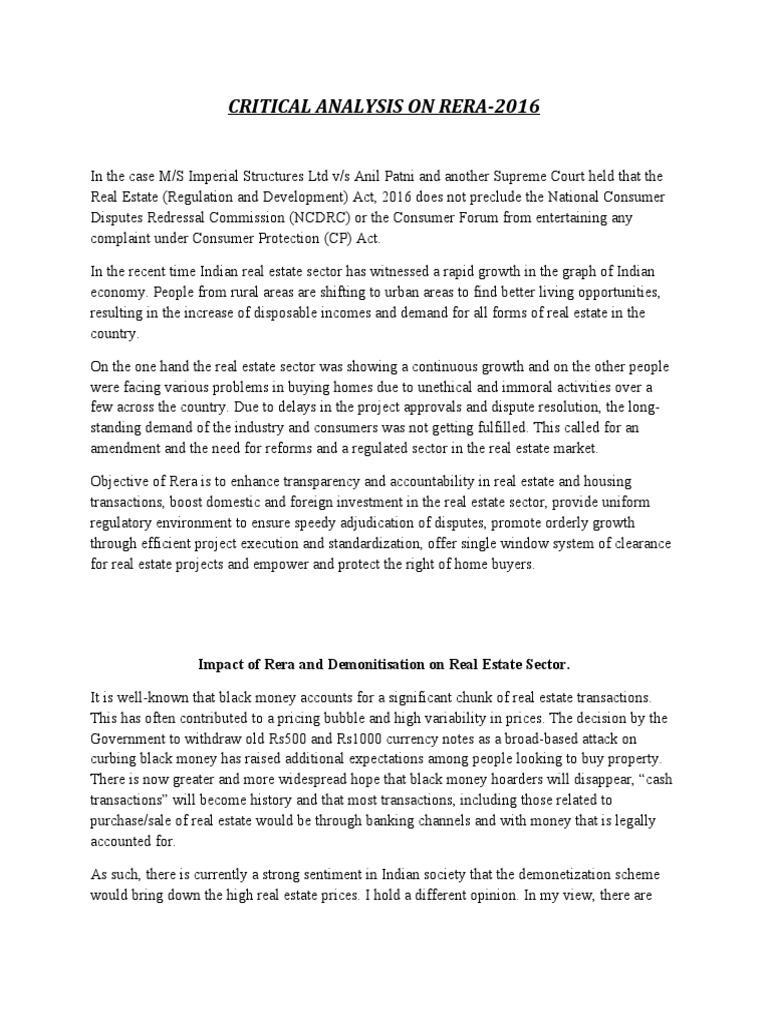 Critical Analysis On Rera | PDF | Taxes | Economies