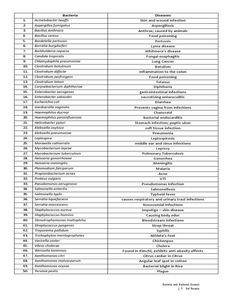 Bacteria and Diseases List | PDF | Bacteria | Infection