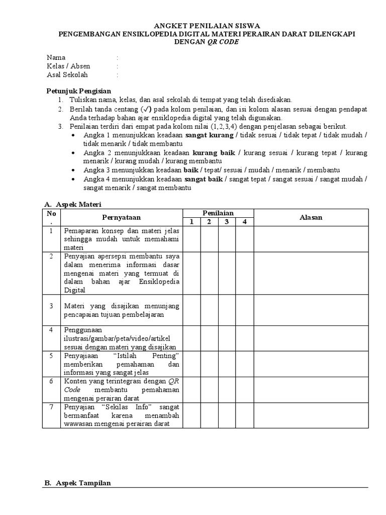 Lembar Angket Penilaian Siswa | PDF