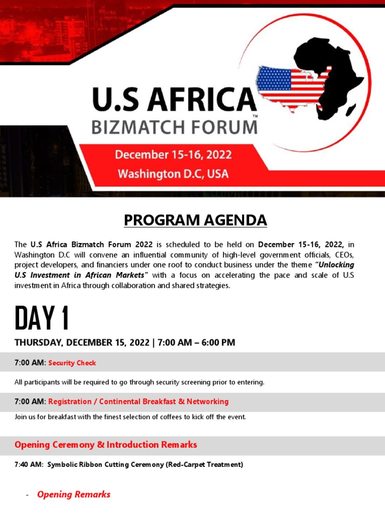 Program Agenda - U.S Africa BizMatch Forum 2022 | PDF | Foreign Direct Investment | Investor