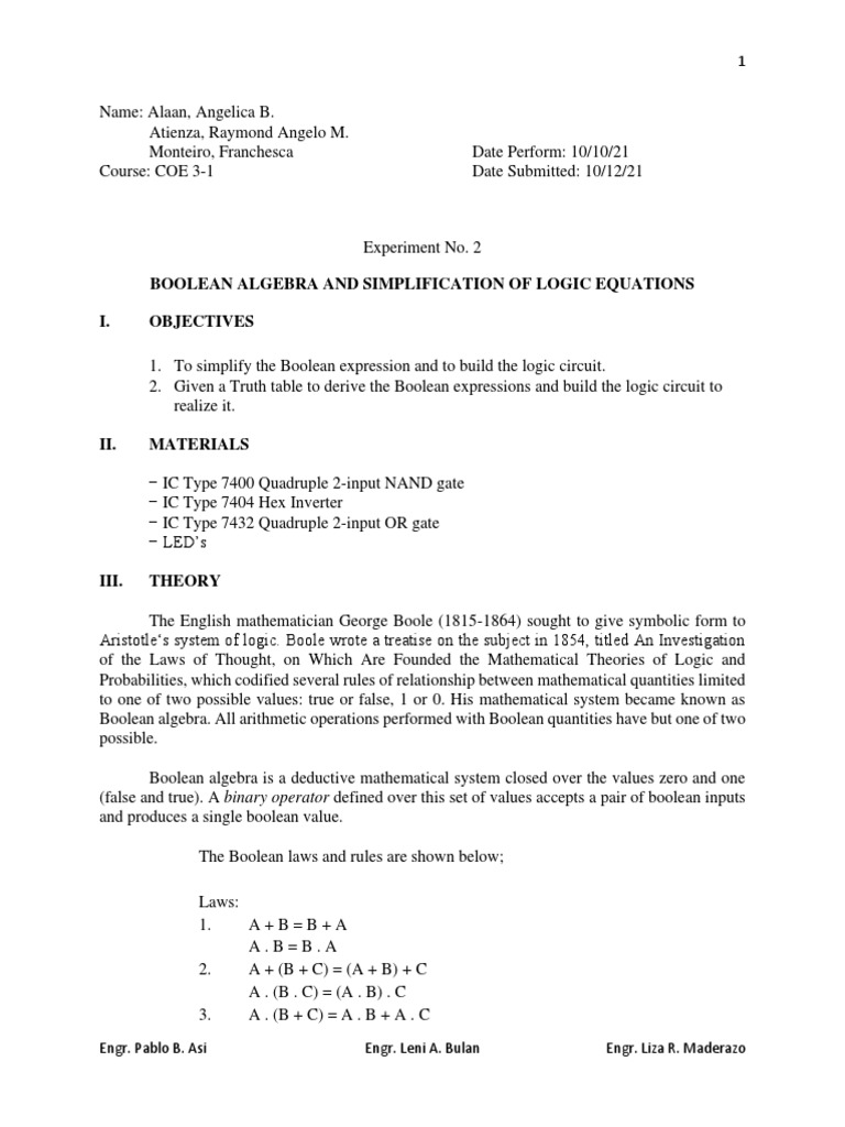 Boolean Algebra and Simplification of Logic Equations | PDF | Boolean ...