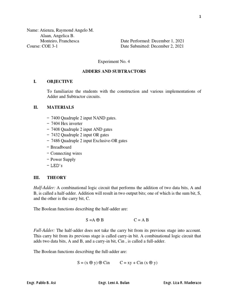 Adders And Subtractors Pdf Mathematical Logic Computing