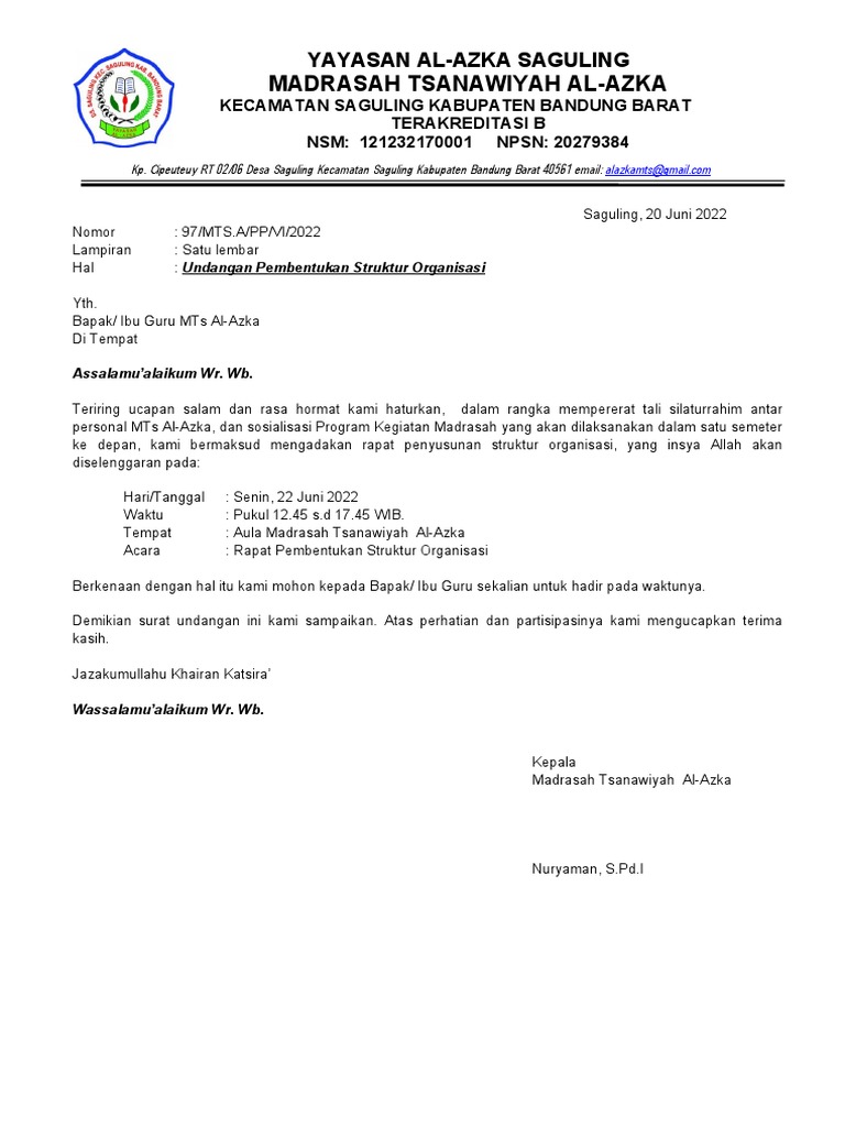Surat Undangan Rapat MTs - Struktur Organisasi | PDF