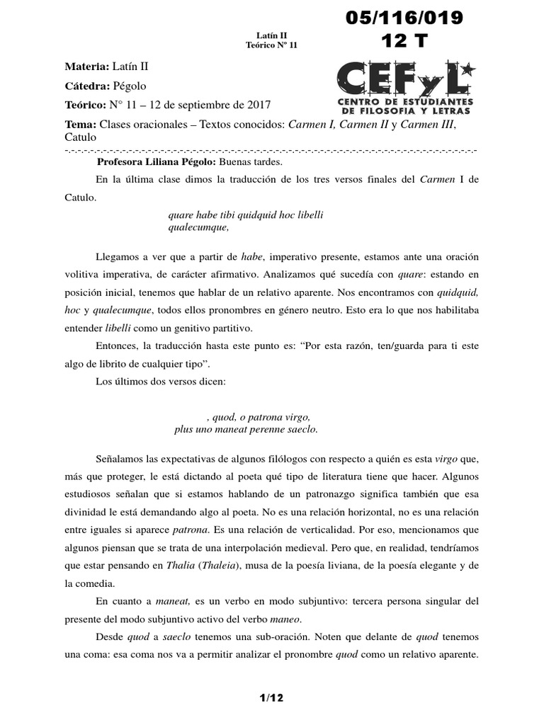 05-116-019 Teórico #11 (12-09) (REVISADO) Clases Oracionales - Textos Conocidos, Carmen I ...