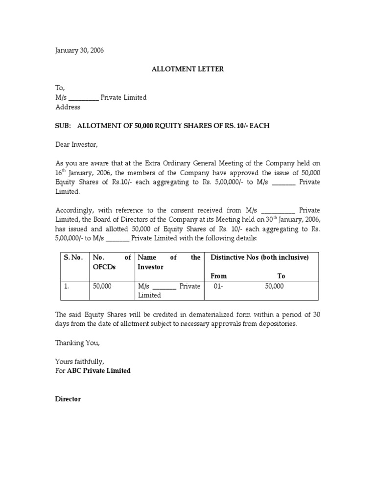 Equity Share Allotment Letter Sample | PDF | Business | Finance & Money ...