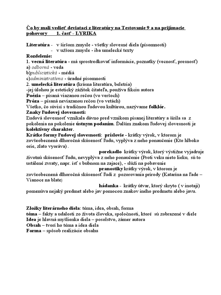 Čo by Mali Vedieť Deviataci Z Literatúry - 1. LYRIKA | PDF