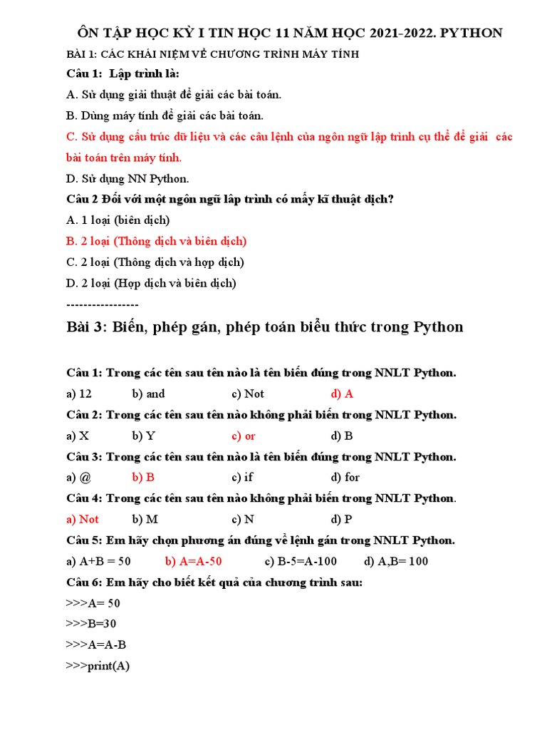 Ôn Tập HKI Tin 11 Python 2122 GUI HS | PDF