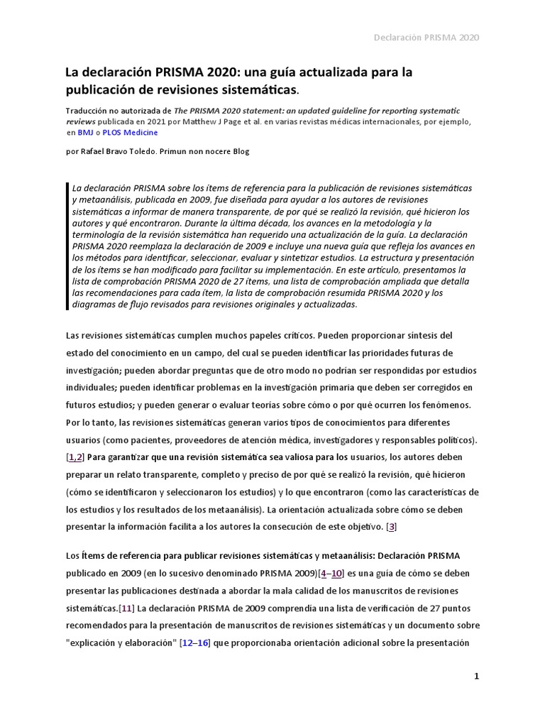 Guía PRISMA 2020 para Revisiones Sistemáticas | PDF | Parcialidad ...