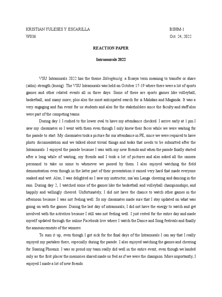 Reflection on VSU Intramurals 2022 | PDF