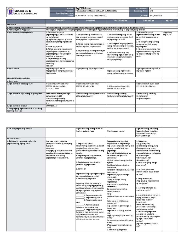 DLL - Epp 5 - Q2 - W2 | PDF
