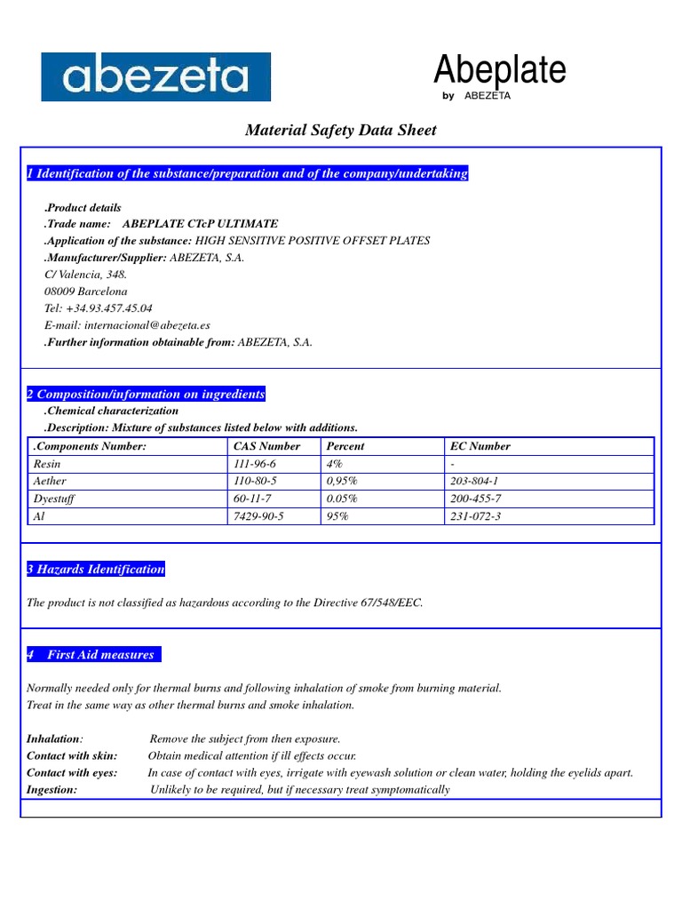 Material Safety Data Sheet for ABEPLATE CTcP ULTIMATE Plate: A ...