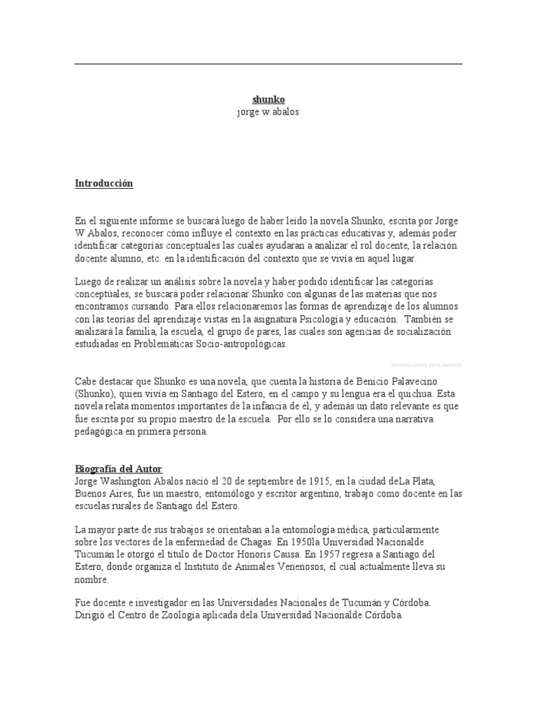 Análisis de la novela Shunko de Abalos | PDF | Aprendizaje | Maestros