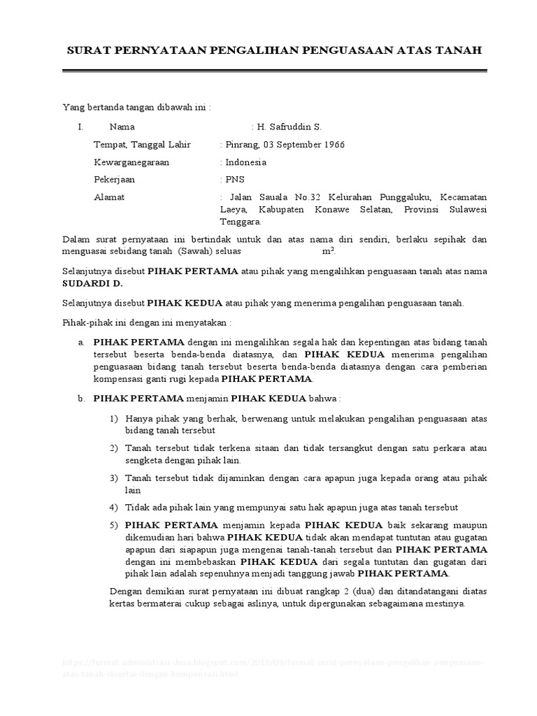 Surat Pernyataan Pengalihan Penguasaan Atas Tanah | PDF