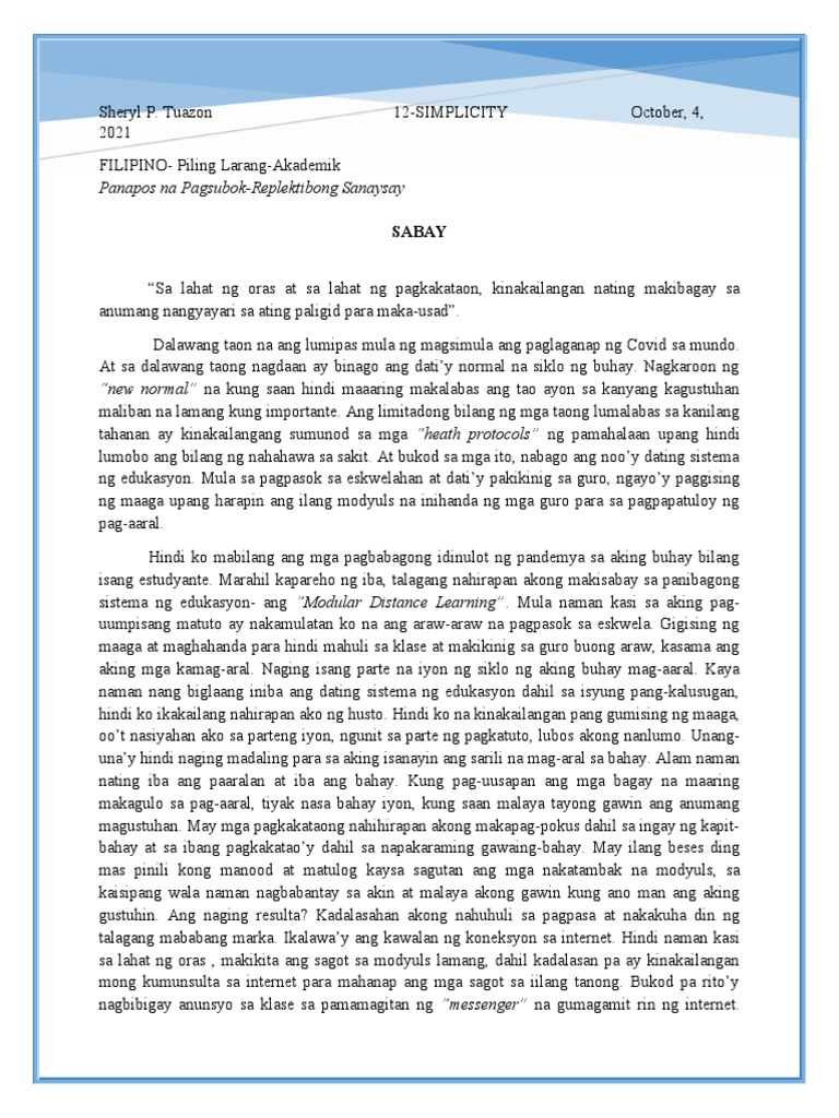 Replektibong Sanaysay | PDF Replektibong Sanaysay | PDF