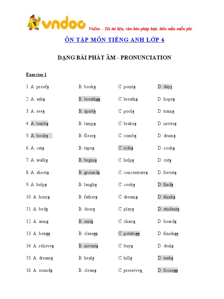 Pronunciation Practice Exercises for 6th Grade English Students | PDF