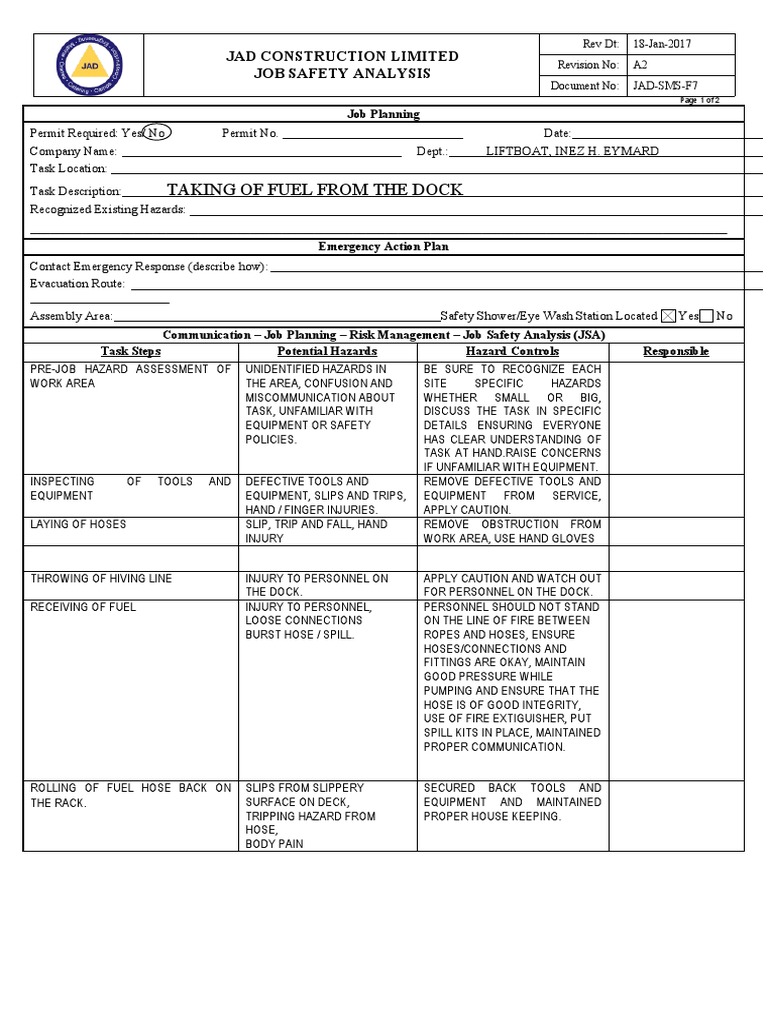 Jsa Fueling Barge From The Dock | PDF | Water | Occupational Safety And ...