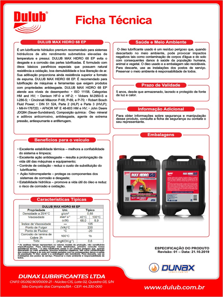 Ficha Técnica - Dulub Max Hidro 68 Ep | PDF