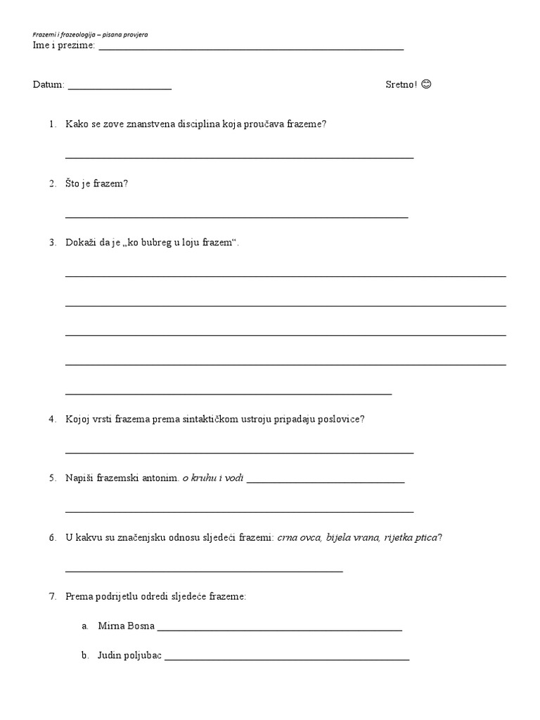 Frazemi I Frazeologija Pisana Provjera | PDF