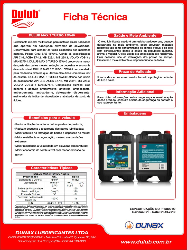 Ficha técnica do lubrificante mineral multiviscoso Dulub Max 3 Turbo 15W40 para motores diesel ...
