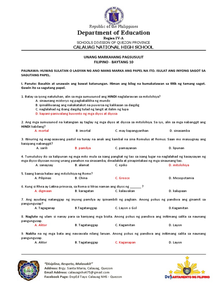 Filipino 10 Unang Markahang Pagsusulit | PDF
