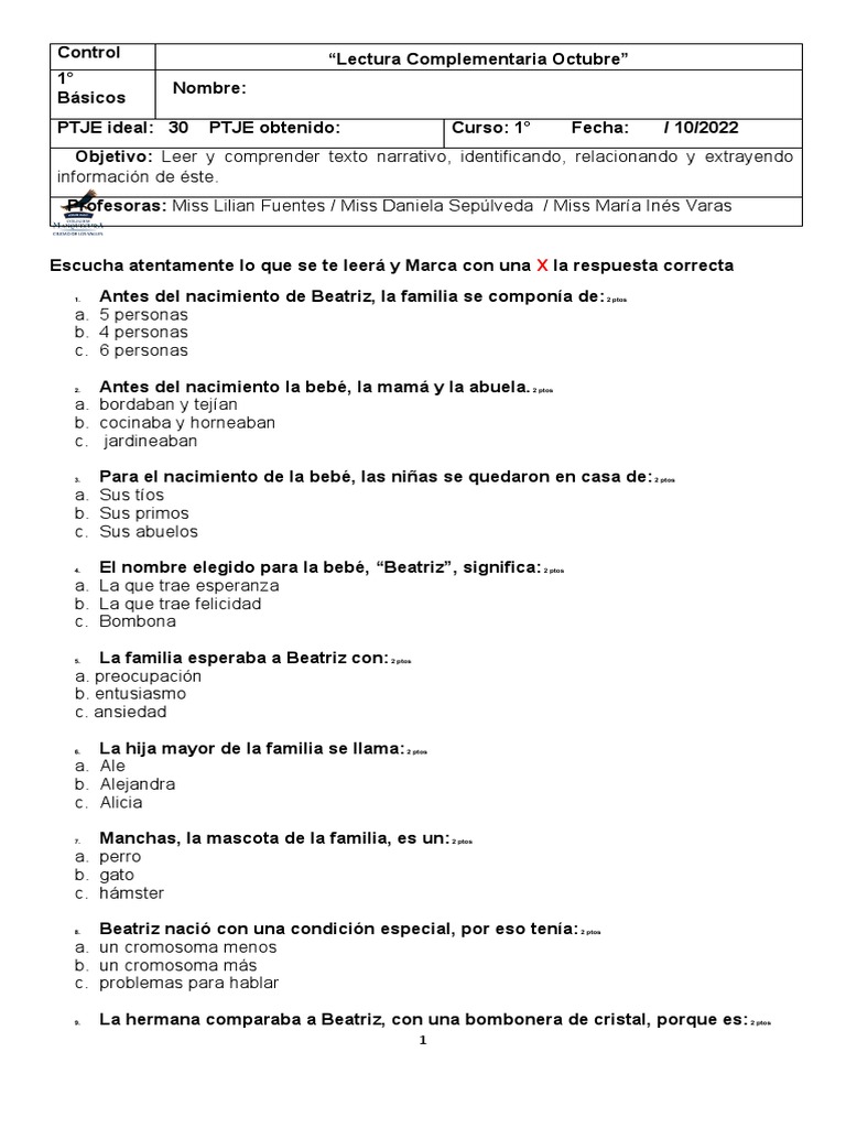 Prueba Lectura Complementaria - El Cromosoma de Beatriz | PDF Prueba Lectura Complementaria - El Cromosoma de Beatriz | PDF