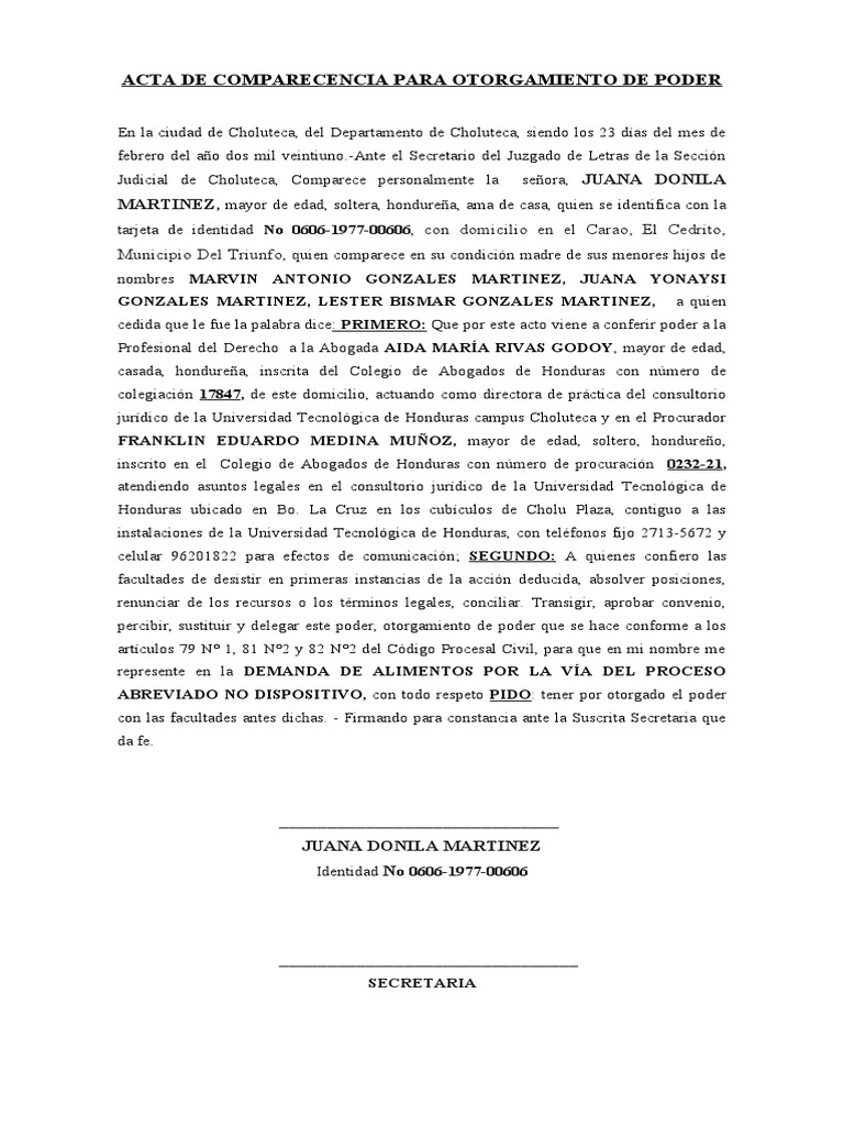 Acta de Comparecencia para Otorgamiento de Poder | PDF | Honduras | Gobierno