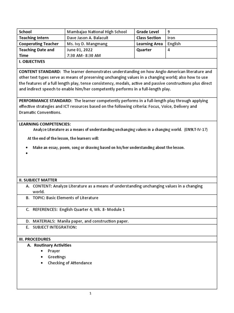 Detailed Lesson Plan Literature | PDF