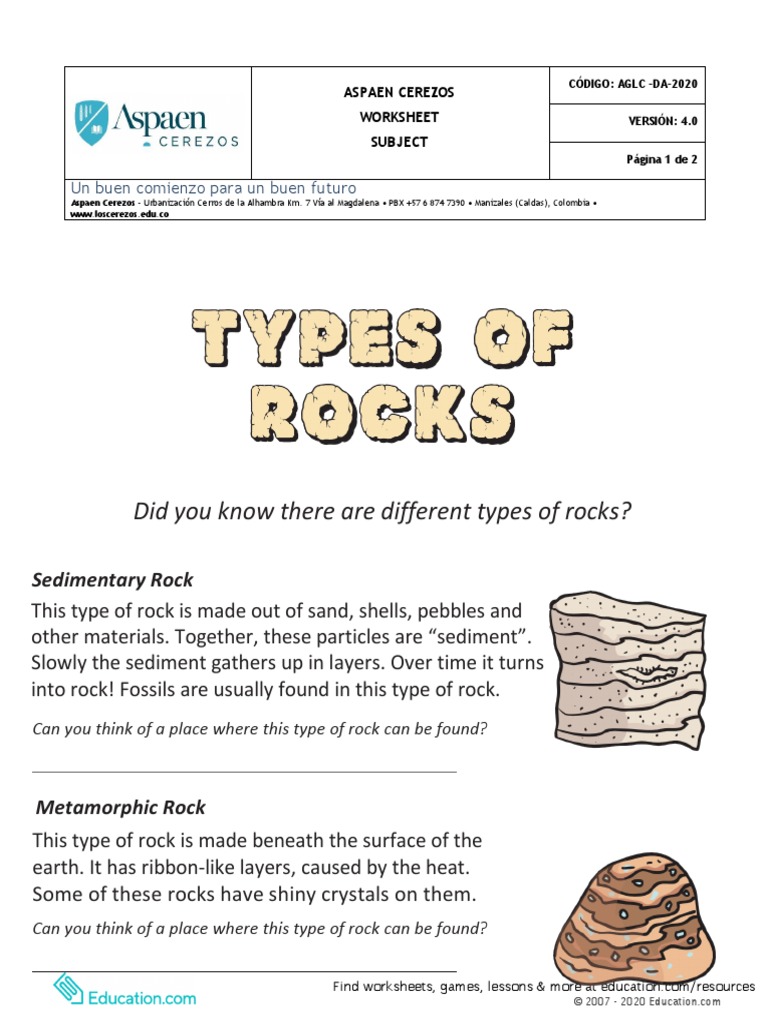 Types of Rocks Worksheet | PDF | Magma | Rock (Geology)