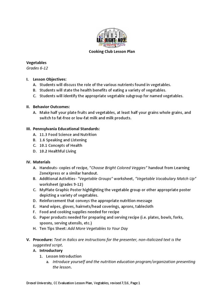 Importance of Vegetables Lesson Plan | PDF | Vegetables | Foods