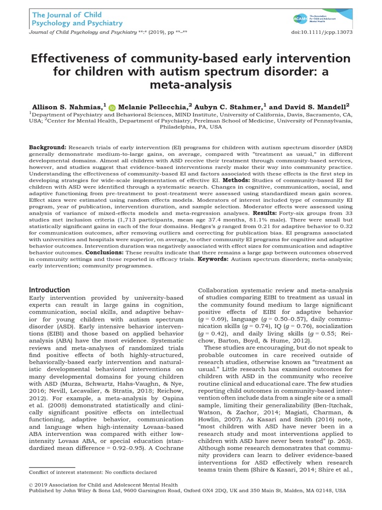 Effectiveness of Community-Based Early Intervention For Childrens With Autism Spectrum Disorder ...