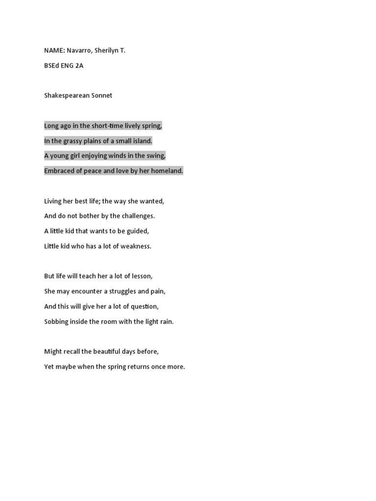 Navarro, Sherilyn T. - Poetry Form 3 - Shakespearean Sonnet | PDF | Poetry