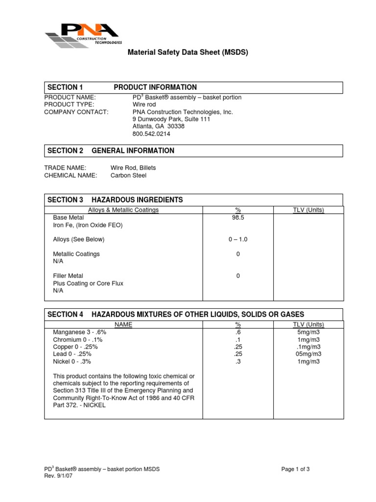 pd3 Basket Assembly Msds | PDF | Combustion | Iron