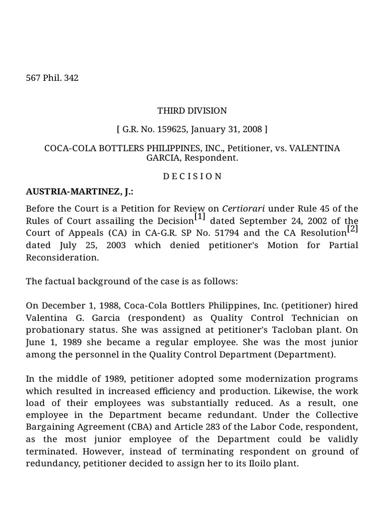 Coca Cola Bottlers Philippines V Valentina Garcia Pdf Appeal