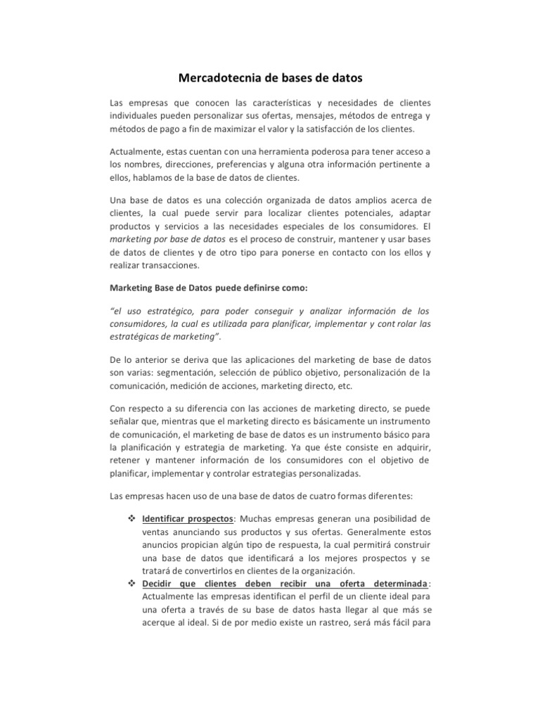 Mercadotecnia de Bases de Datos | PDF | Marketing | Bases de datos