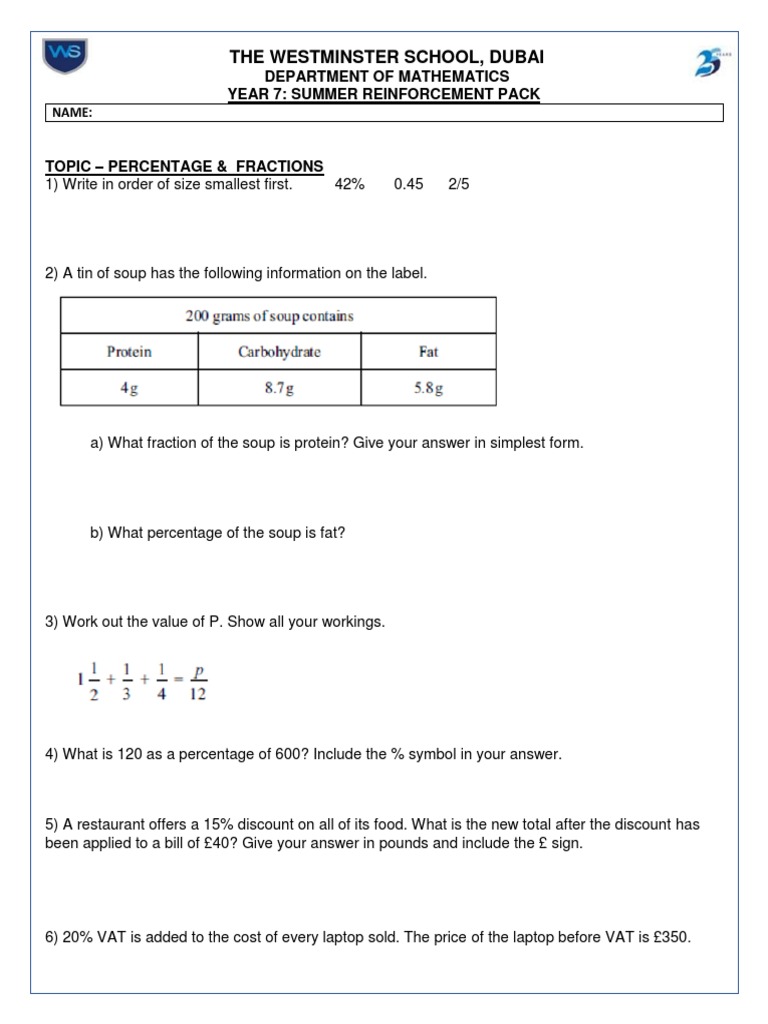 Year 7 Math Summer Reinforcement Pack | PDF | Area | Percentage