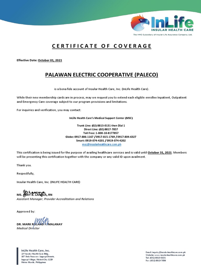 Certificate of Coverage COC Palawan Electric Cooperative 2021 | PDF