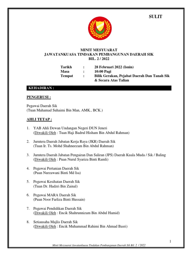 Minit Mesyuarat JTPD Sik Bil 2 - 2022 | PDF