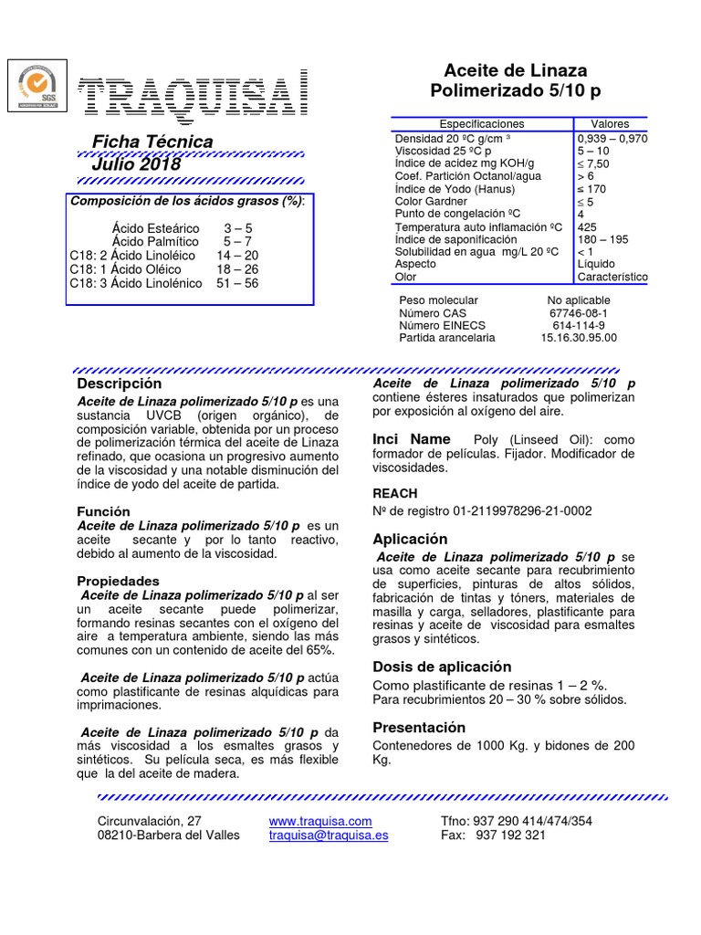 Ficha Tecnica de Aceite Linaza Polimerizado 5 10 P | PDF | Petróleo | Ciencias fisicas